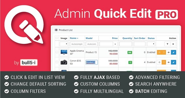 Admin Quick Edit PRO 6.2.0 - массовое редактирование элементов OpenCart